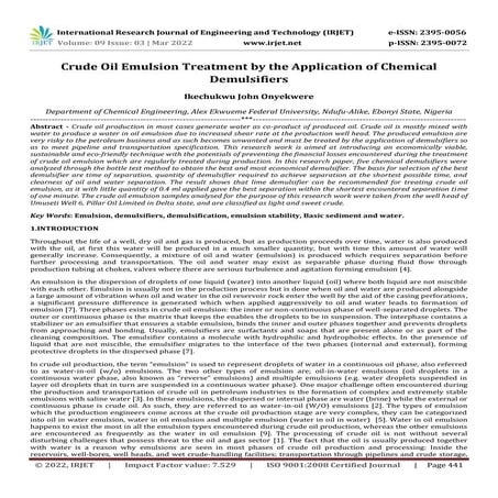 Crude Oil Emulsion Treatment by the Application of Chemical ...