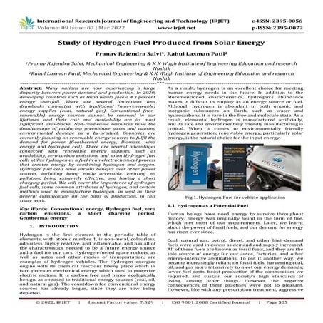 Study of Hydrogen Fuel Produced from Solar Energy | PDF