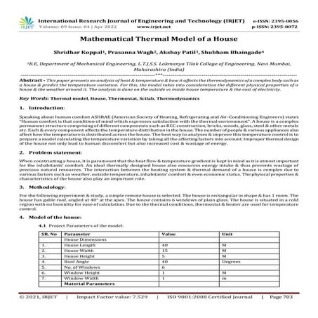 Mathematical Thermal Model of a House | PDF