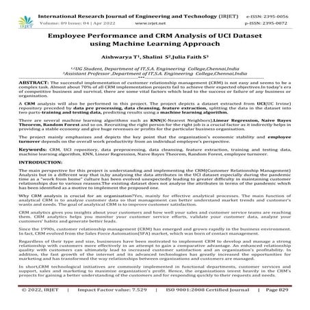 Employee Performance and CRM Analysis of UCI Dataset using Machine ...