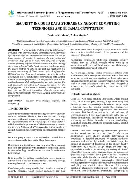 Security In Could Data Storage Using Soft Computing Techniques And Elgamal Cryptostem Pdf