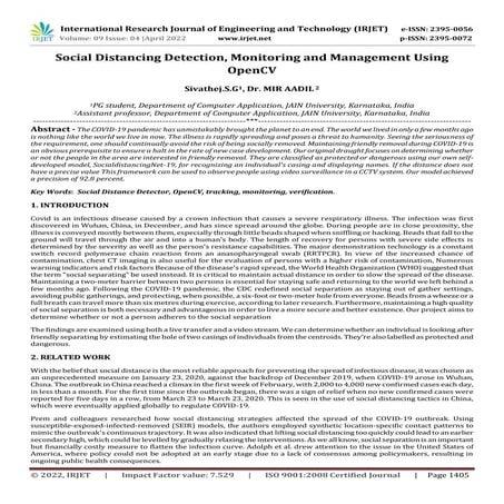 Social Distancing Detection Monitoring And Management Using Opencv Pdf
