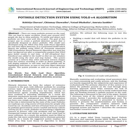 POTHOLE DETECTION SYSTEM USING YOLO v4 ALGORITHM | PDF