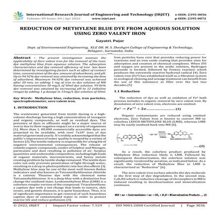 REDUCTION OF METHYLENE BLUE DYE FROM AQUEOUS SOLUTION USING ZERO VALENT IRON | PDF