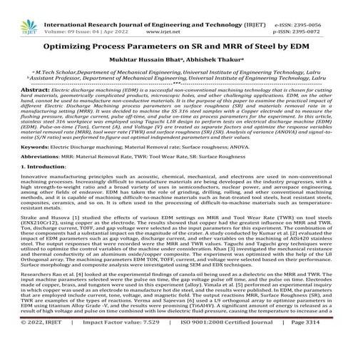 Optimizing Process Parameters on SR and MRR of Steel by EDM | PDF | Chemistry | Science