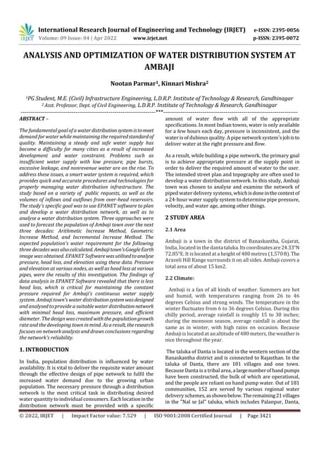 Continuous Water distribution Network Analysis Using Epanet in Ambaji, Gujarat State, India ...