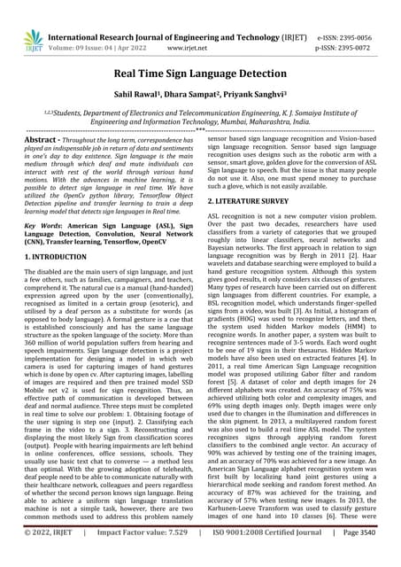Real time conversion of sign language to text and speech presentation | PDF