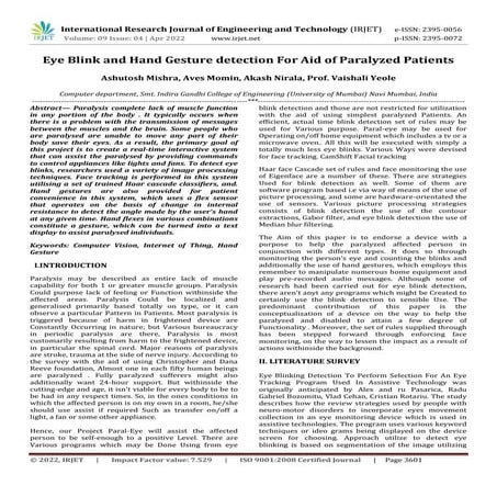 Eye Blink and Hand Gesture detection For Aid of Paralyzed Patients | PDF