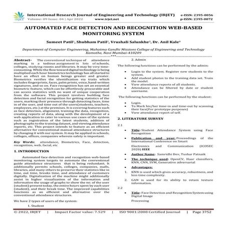 Automated Face Detection And Recognition Web Based Monitoring System Pdf