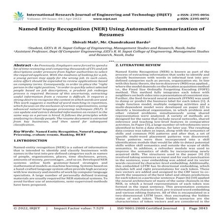 Named Entity Recognition Ner Using Automatic Summarization Of Resumes Pdf