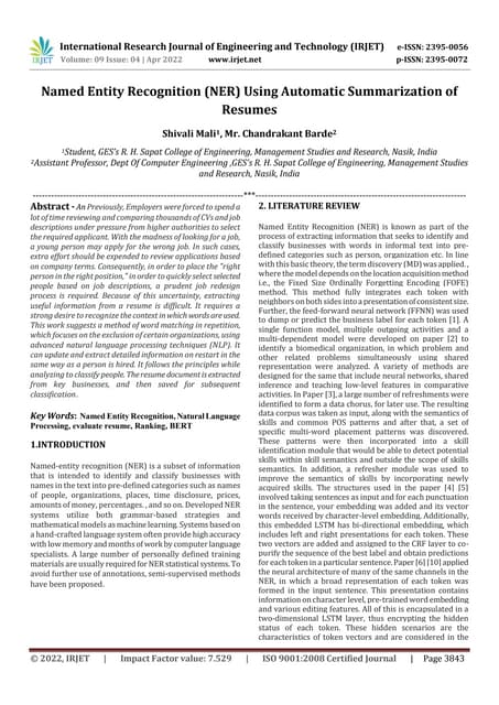 Named Entity Recognition Ner Using Automatic Summarization Of Resumes Pdf