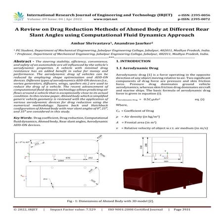 A Review on Drag Reduction Methods of Ahmed Body at Different Rear ...