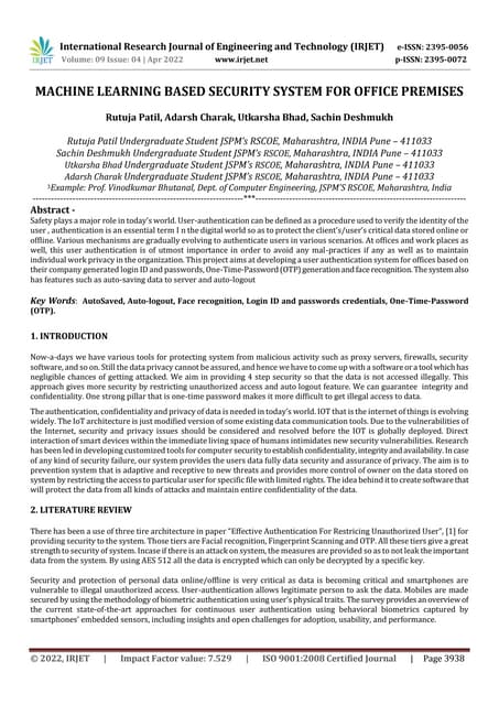 Machine Learning Based Security System For Office Premises Pdf