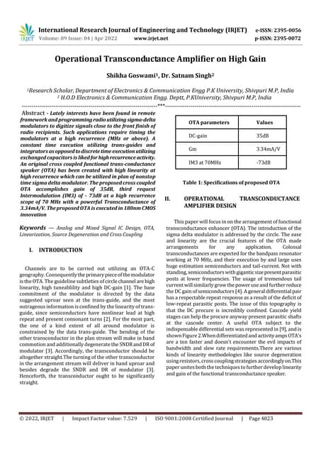 DESIGN AND IMPLEMENTATION OF CURRENT MIRROR SYMMETRICAL OPERATIONAL TRANSCONDUCTANCE AMPLIFIER ...
