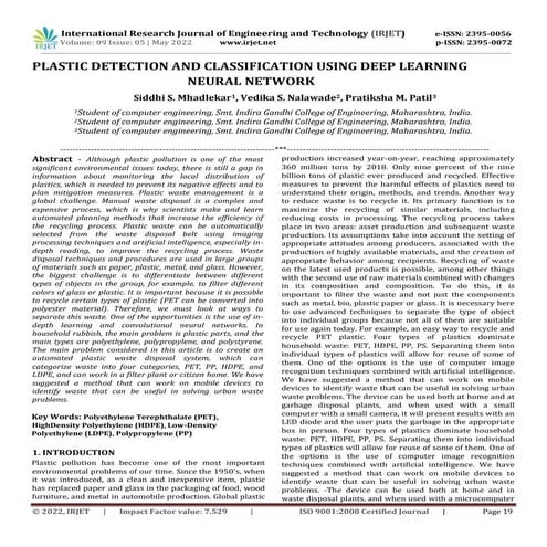 PLASTIC DETECTION AND CLASSIFICATION USING DEEP LEARNING NEURAL NETWORK | PDF