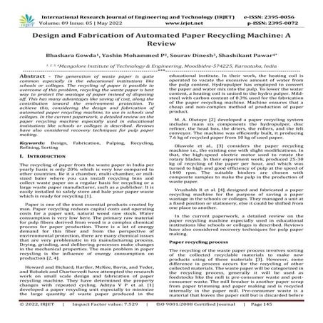 Design and Fabrication of Automated Paper Recycling Machine: A Review | PDF