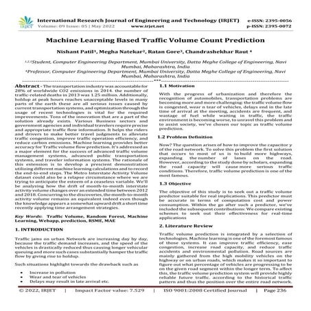 Machine Learning Based Traffic Volume Count Prediction | PDF