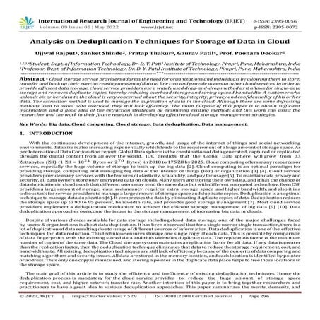 Analysis On Deduplication Techniques For Storage Of Data In Cloud Pdf