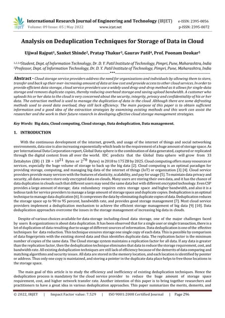 Analysis On Deduplication Techniques For Storage Of Data In Cloud Pdf