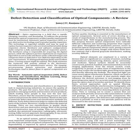 Defect Detection and Classification of Optical Components : A Review | PDF