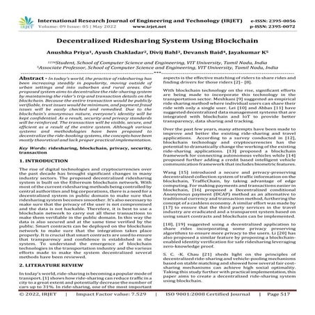 Decentralized Ridesharing System Using Blockchain Pdf