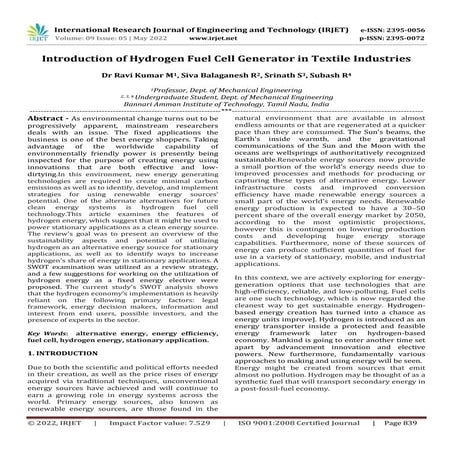 Introduction of Hydrogen Fuel Cell Generator in Textile Industries | PDF
