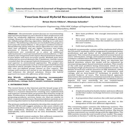Tourism Based Hybrid Recommendation System Pdf Computer Software And Applications Computing