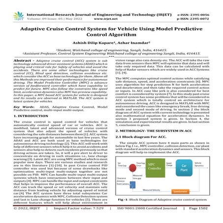 Adaptive Cruise Control System For Vehicle Using Model Predictive Control Algorithm Pdf
