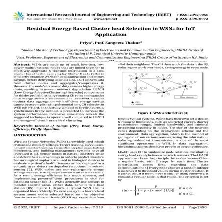 Residual Energy Based Cluster Head Selection In Wsns For Iot