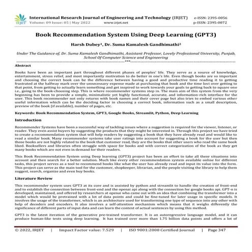 Book Recommendation System Using Deep Learning (GPT3) | PDF