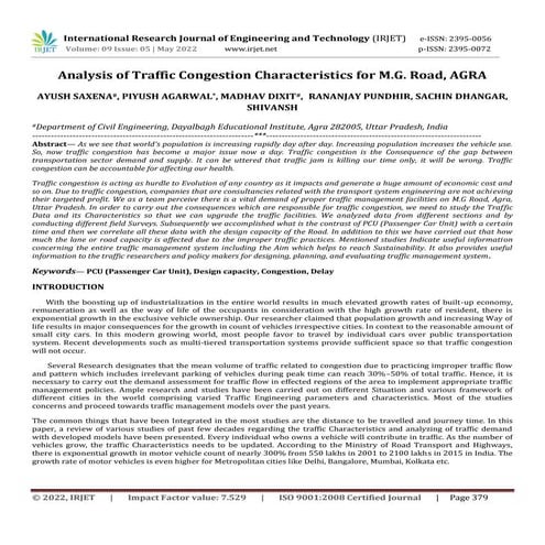 Analysis of Traffic Congestion Characteristics for M.G. Road, AGRA | PDF