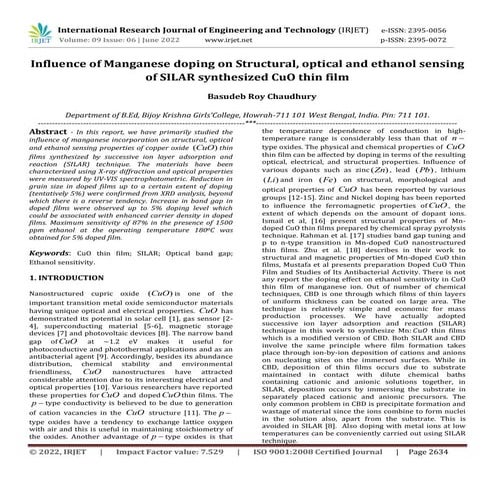 Influence of Manganese doping on Structural, optical and ethanol sensing of SILAR synthesized ...