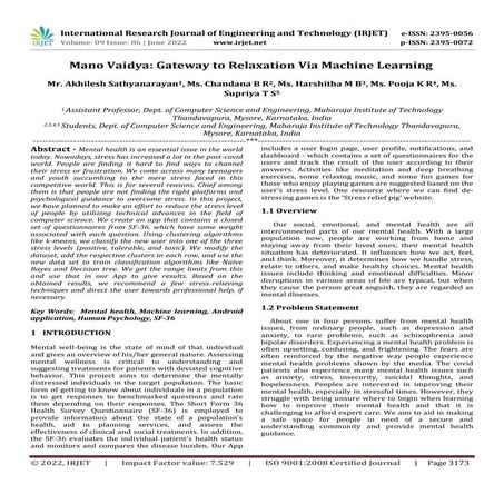 Mano Vaidya Gateway To Relaxation Via Machine Learning Pdf