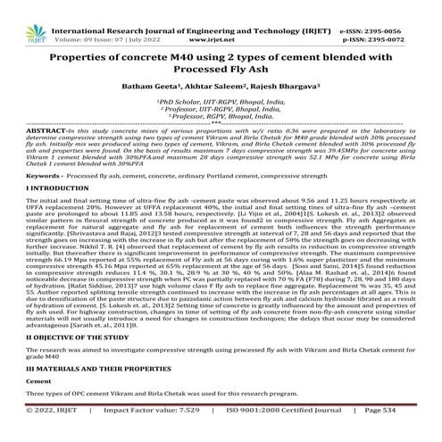Properties of concrete M40 using 2 types of cement blended with Processed Fly Ash | PDF