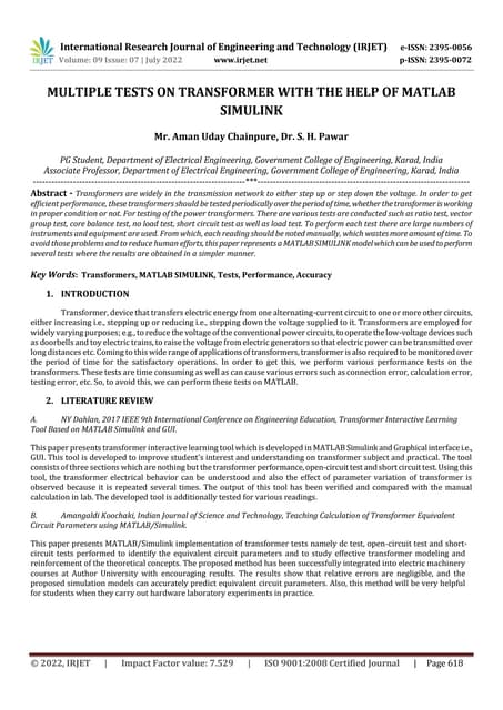 Multiple Tests On Transformer With The Help Of Matlab Simulink Pdf