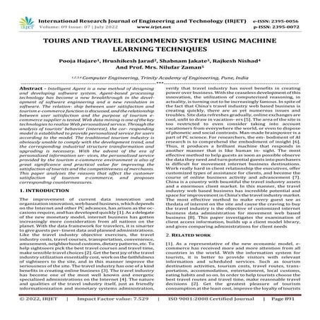 TOURS AND TRAVEL RECOMMEND SYSTEM USING MACHINE LEARNING TECHNIQUES | PDF