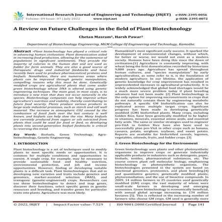 A Review on Future Challenges in the field of Plant Biotechnology | PDF