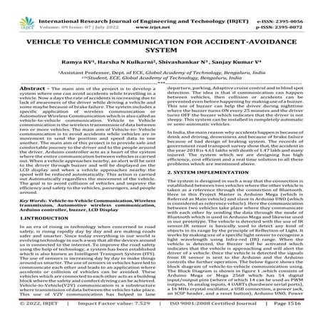 VEHICLE TO VEHICLE COMMUNICATION FOR ACCIDENT-AVOIDANCE SYSTEM | PDF