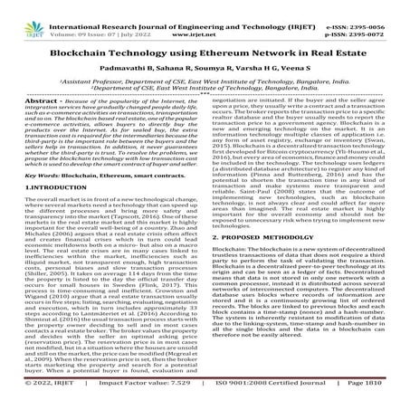 Blockchain Technology using Ethereum Network in Real Estate | PDF
