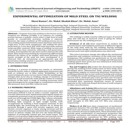 EXPERIMENTAL OPTIMIZATION OF MILD STEEL ON TIG WELDING | PDF