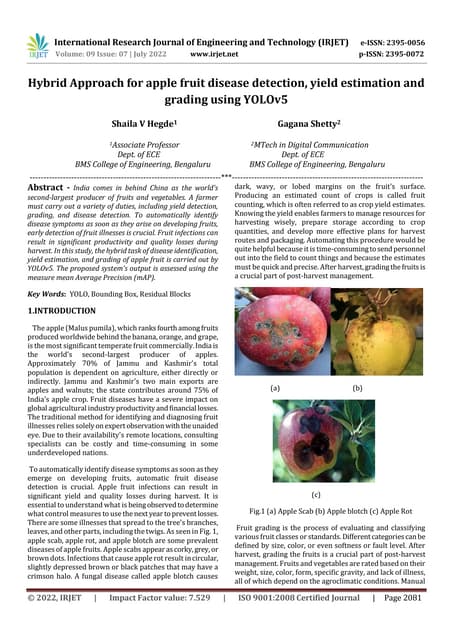 Hybrid Approach For Apple Fruit Disease Detection Yield Estimation And