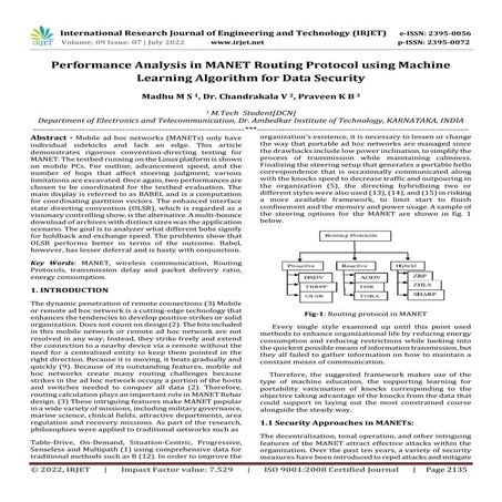 Performance Analysis in MANET Routing Protocol using Machine Learning Algorithm for Data ...