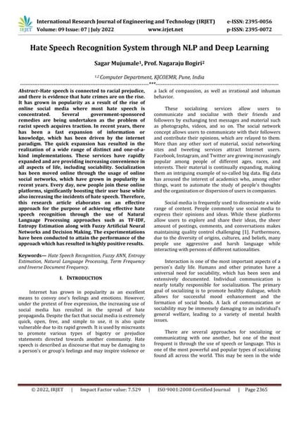 An Analytical Survey On Hate Speech Recognition Through Nlp And Deep Learning