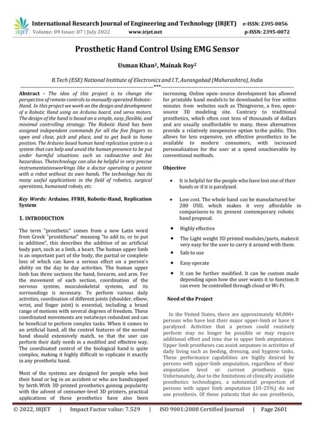 EMG controlled Prosthetic Arm | PPTX