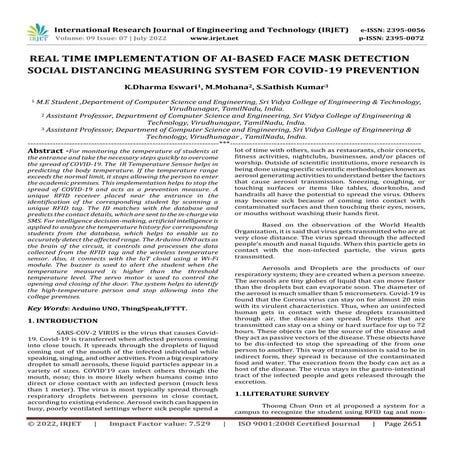 REAL TIME IMPLEMENTATION OF AI-BASED FACE MASK DETECTION SOCIAL DISTANCING MEASURING SYSTEM FOR ...