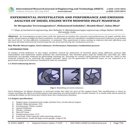 EXPERIMENTAL INVESTIGATION AND PERFORMANCE AND EMISSION ANALYSIS OF DIESEL ENGINE WITH MODIFIED ...
