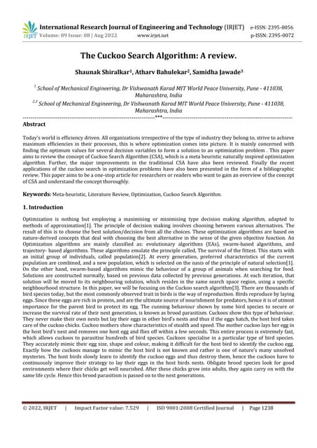 The Cuckoo Search Algorithm A Review Pdf