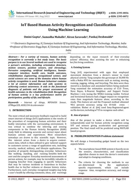 Iot Based Human Activity Recognition And Classification Using Machine