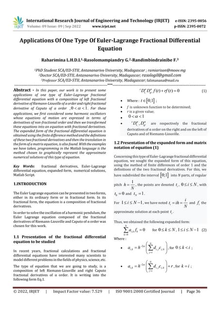 Applications Of One Type Of Euler Lagrange Fractional Differential