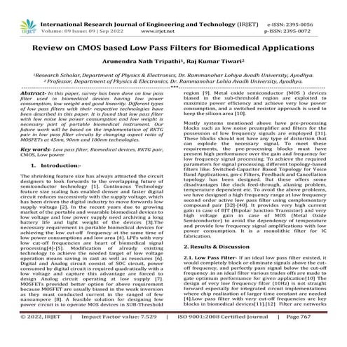 Review on CMOS based Low Pass Filters for Biomedical Applications | PDF